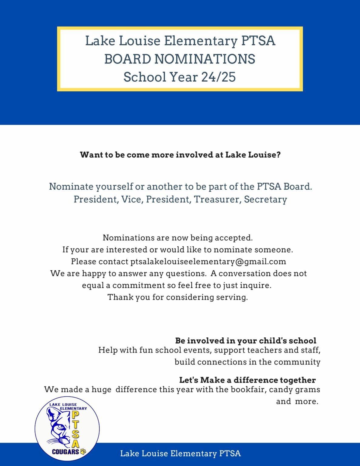 LLE PTSA Board Nominations - Lake Louise Elementary PTSA